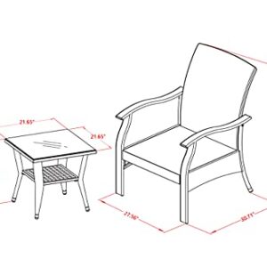 East West Furniture DTL3C01B Denton 3 Piece Patio Furniture Outdoor Set Contains a Rectangle Wicker Tea Table with Glass Top and 2 Balcony Armchair with Cushion, Small, Black