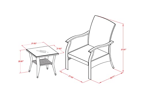 East West Furniture DTL3C01B Denton 3 Piece Patio Furniture Outdoor Set Contains a Rectangle Wicker Tea Table with Glass Top and 2 Balcony Armchair with Cushion, Small, Black