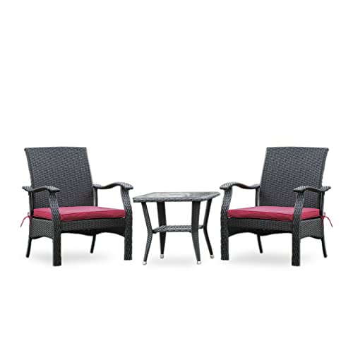 East West Furniture DTL3C01B Denton 3 Piece Patio Furniture Outdoor Set Contains a Rectangle Wicker Tea Table with Glass Top and 2 Balcony Armchair with Cushion, Small, Black