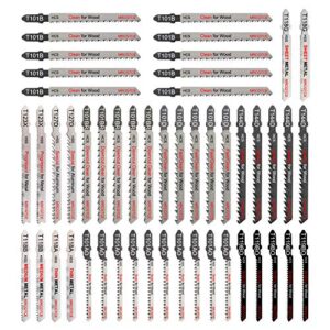 50-piece contractor jigsaw blades set with storage case, mrcgtce assorted t-shank jig saw blades for metal, wood and plastic cutting(t118a,t118b,t118g,t127d,t123x,t101ao,t101b,t101br,t101d,t144d)