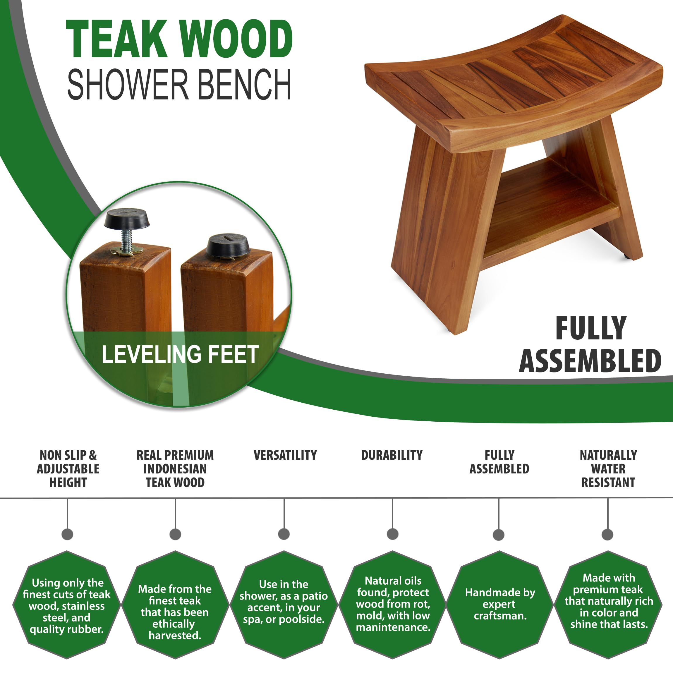 TeakCraft Teak Shower Stool with Shelf – Water Resistant, Non-Slip Premium Indonesian Teak Wood Bath Seat Bench for Shower – Fully Assembled Wood Spa Bath Organizer Seat with Leveling Feet, The Randi