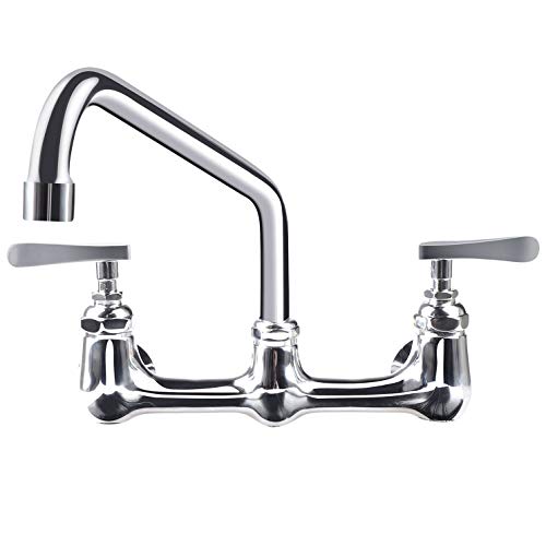 KWODE 2-Handle Commercial Sink Faucet with 14” Swivel Spout 8” Center Wall Mount Kitchen Faucet for 2 or 3 Bay Compartment prep & Utility Sinks at Home Restaurant Industrial Brass Constructed Chrome