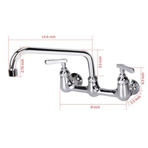 KWODE 2-Handle Commercial Sink Faucet with 14” Swivel Spout 8” Center Wall Mount Kitchen Faucet for 2 or 3 Bay Compartment prep & Utility Sinks at Home Restaurant Industrial Brass Constructed Chrome