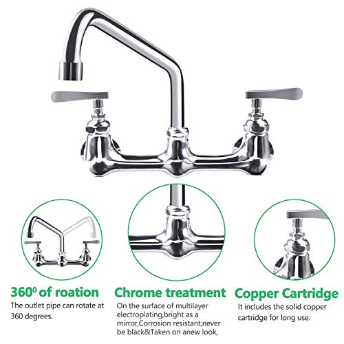 KWODE 2-Handle Commercial Sink Faucet with 14” Swivel Spout 8” Center Wall Mount Kitchen Faucet for 2 or 3 Bay Compartment prep & Utility Sinks at Home Restaurant Industrial Brass Constructed Chrome