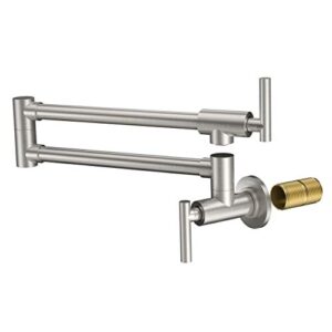 lepo pot filler faucet, wall mount solid brass brushed nickel double joint swing arm folding kitchen faucets with single hole, 2 handles