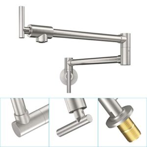 LEPO Pot Filler Faucet, Wall Mount Solid Brass Brushed Nickel Double Joint Swing Arm Folding Kitchen Faucets with Single Hole, 2 Handles