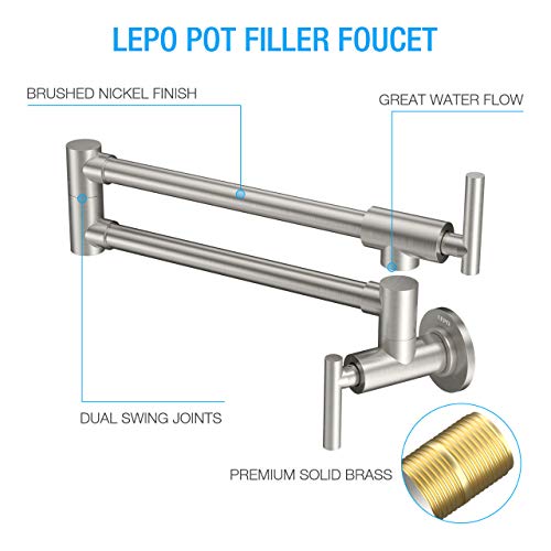 LEPO Pot Filler Faucet, Wall Mount Solid Brass Brushed Nickel Double Joint Swing Arm Folding Kitchen Faucets with Single Hole, 2 Handles