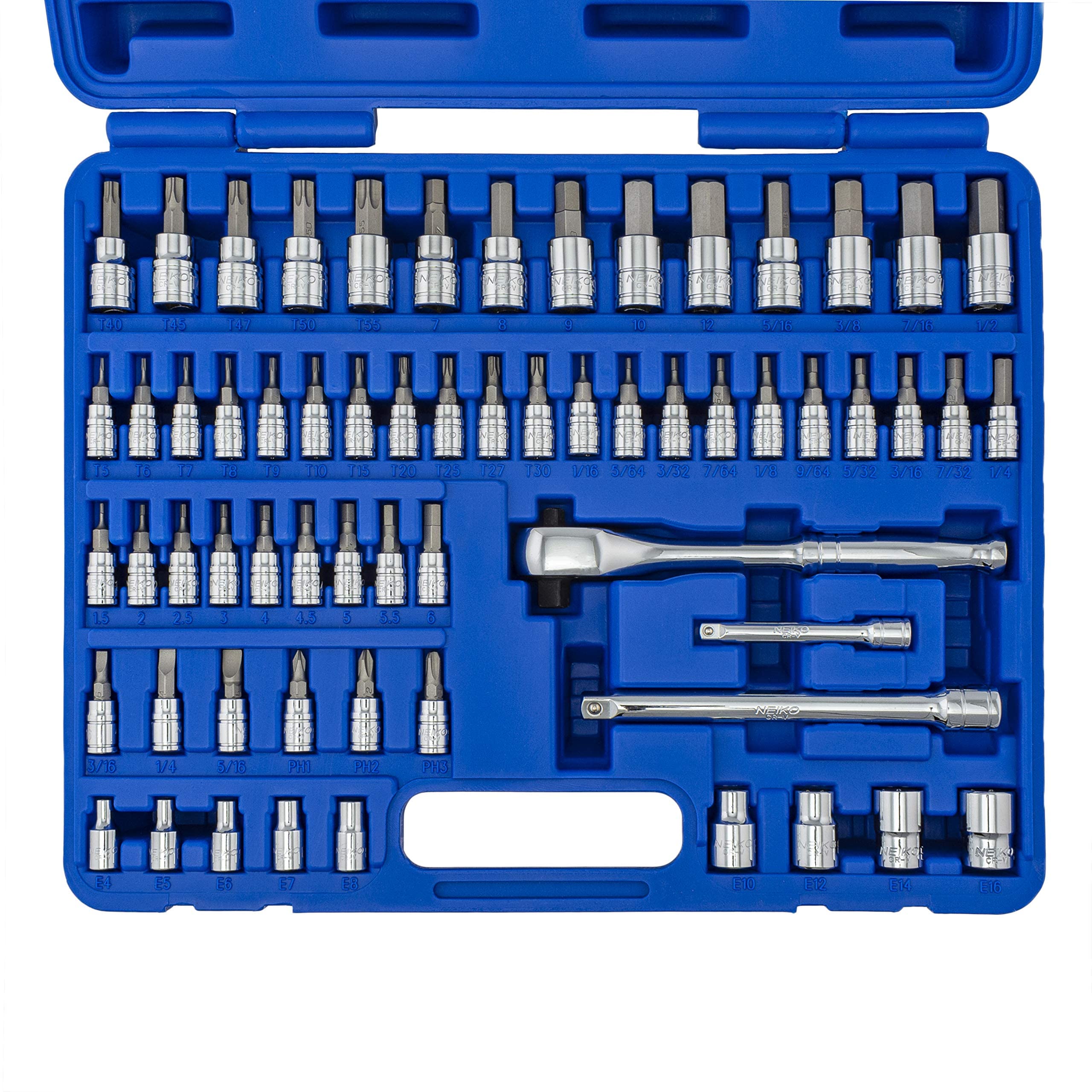 NEIKO 01145A Master Combination Bit Socket Set, 45 Piece Master Socket Bit Set, SAE & MM, 1/4" and 3/8” Drive, Torx, Hex, External Torx, Screwdriver, S2 Steel Bits, Cr-V Steel, Allen Wrench Socket Set