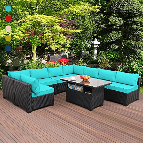 Outdoor PE Wicker Rattan Furniture Set - 9 Piece Patio Garden Sectional Sofa Chair with Turquoise Cushion