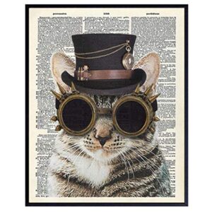 Steampunk Cat Wall Art - Funny Goth Cat Wall Decor Print for Bedroom, Veterinarian Office - Gift for Vet, Boys, Men, Teens, Women, Kitty, Kitten, Feline, Pet, Cat Lovers - Unique Gothic Dictionary Art