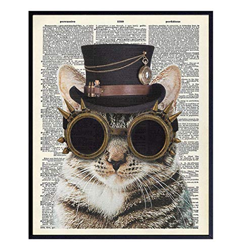 Steampunk Cat Wall Art - Funny Goth Cat Wall Decor Print for Bedroom, Veterinarian Office - Gift for Vet, Boys, Men, Teens, Women, Kitty, Kitten, Feline, Pet, Cat Lovers - Unique Gothic Dictionary Art