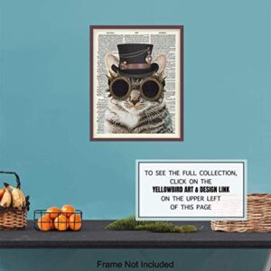 Steampunk Cat Wall Art - Funny Goth Cat Wall Decor Print for Bedroom, Veterinarian Office - Gift for Vet, Boys, Men, Teens, Women, Kitty, Kitten, Feline, Pet, Cat Lovers - Unique Gothic Dictionary Art