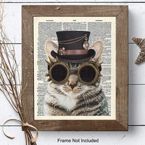 Steampunk Cat Wall Art - Funny Goth Cat Wall Decor Print for Bedroom, Veterinarian Office - Gift for Vet, Boys, Men, Teens, Women, Kitty, Kitten, Feline, Pet, Cat Lovers - Unique Gothic Dictionary Art