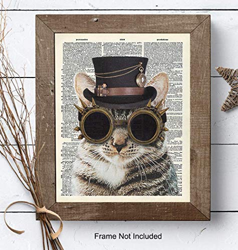 Steampunk Cat Wall Art - Funny Goth Cat Wall Decor Print for Bedroom, Veterinarian Office - Gift for Vet, Boys, Men, Teens, Women, Kitty, Kitten, Feline, Pet, Cat Lovers - Unique Gothic Dictionary Art