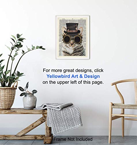 Steampunk Cat Wall Art - Funny Goth Cat Wall Decor Print for Bedroom, Veterinarian Office - Gift for Vet, Boys, Men, Teens, Women, Kitty, Kitten, Feline, Pet, Cat Lovers - Unique Gothic Dictionary Art