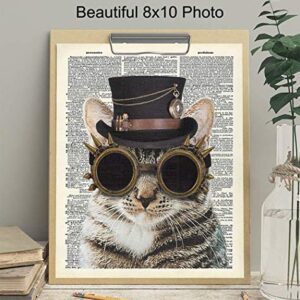 Steampunk Cat Wall Art - Funny Goth Cat Wall Decor Print for Bedroom, Veterinarian Office - Gift for Vet, Boys, Men, Teens, Women, Kitty, Kitten, Feline, Pet, Cat Lovers - Unique Gothic Dictionary Art