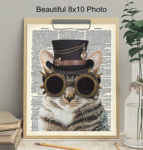 Steampunk Cat Wall Art - Funny Goth Cat Wall Decor Print for Bedroom, Veterinarian Office - Gift for Vet, Boys, Men, Teens, Women, Kitty, Kitten, Feline, Pet, Cat Lovers - Unique Gothic Dictionary Art