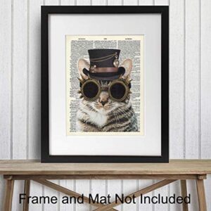 Steampunk Cat Wall Art - Funny Goth Cat Wall Decor Print for Bedroom, Veterinarian Office - Gift for Vet, Boys, Men, Teens, Women, Kitty, Kitten, Feline, Pet, Cat Lovers - Unique Gothic Dictionary Art