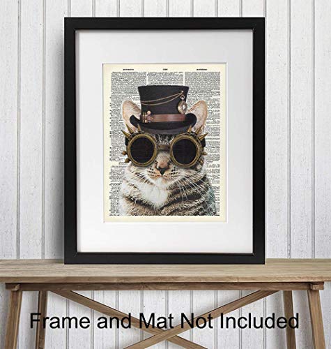 Steampunk Cat Wall Art - Funny Goth Cat Wall Decor Print for Bedroom, Veterinarian Office - Gift for Vet, Boys, Men, Teens, Women, Kitty, Kitten, Feline, Pet, Cat Lovers - Unique Gothic Dictionary Art