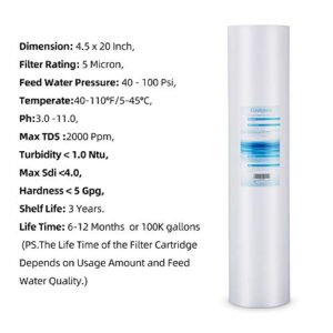 Geekpure 20-Inch Whole House Replacement Water Filter Cartridges PP Sediment and Block Carbon Filters-4.5 Inch x 20 Inch -5 Micron (Pack of 6)