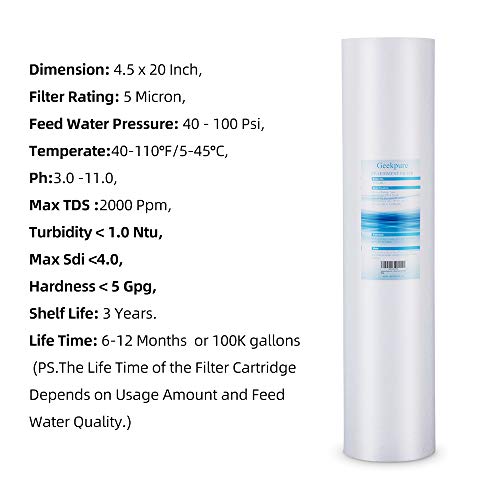 Geekpure 20-Inch Whole House Replacement Water Filter Cartridges PP Sediment and Block Carbon Filters-4.5 Inch x 20 Inch -5 Micron (Pack of 6)