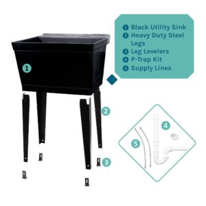 19 Gallon Utility Sink Laundry Tub by JS Jackson Supplies with Adjustable Metal Legs, Ideal for Laundry room, Basement, or Garage Workshop. Heavy Duty Shop Sink. No Faucet Included (Black)