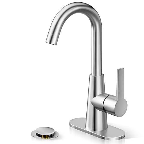 Phiestina Single Hole Brushed Nickel Bathroom Sink Faucet/Bar Sink/Pre-Kitchen Sink Faucet with 4 Inch Deck Plate,Drain and Supply Hoses, WE10-BN