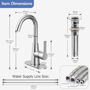 Phiestina Single Hole Brushed Nickel Bathroom Sink Faucet/Bar Sink/Pre-Kitchen Sink Faucet with 4 Inch Deck Plate,Drain and Supply Hoses, WE10-BN