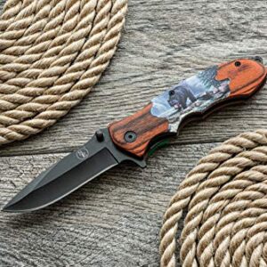 SE Spring Assisted Drop Point Folding Knife with Bear Design - KFD20018-4