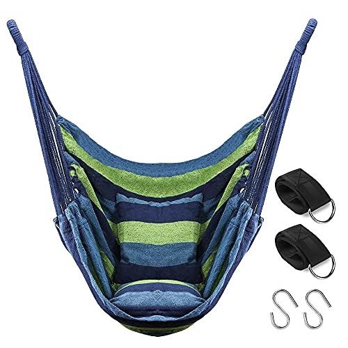 QF Hammock Chair Swing Hanging with 2 Cushions, Seat Cotton for Patio, Porch, Bedroom, Backyard, Indoor or Outdoor - Support 330lbs (Blue)