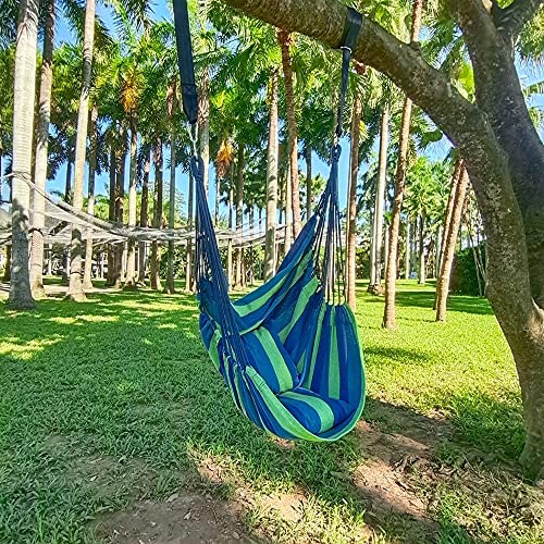 QF Hammock Chair Swing Hanging with 2 Cushions, Seat Cotton for Patio, Porch, Bedroom, Backyard, Indoor or Outdoor - Support 330lbs (Blue)