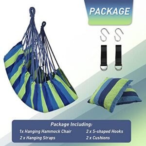 QF Hammock Chair Swing Hanging with 2 Cushions, Seat Cotton for Patio, Porch, Bedroom, Backyard, Indoor or Outdoor - Support 330lbs (Blue)