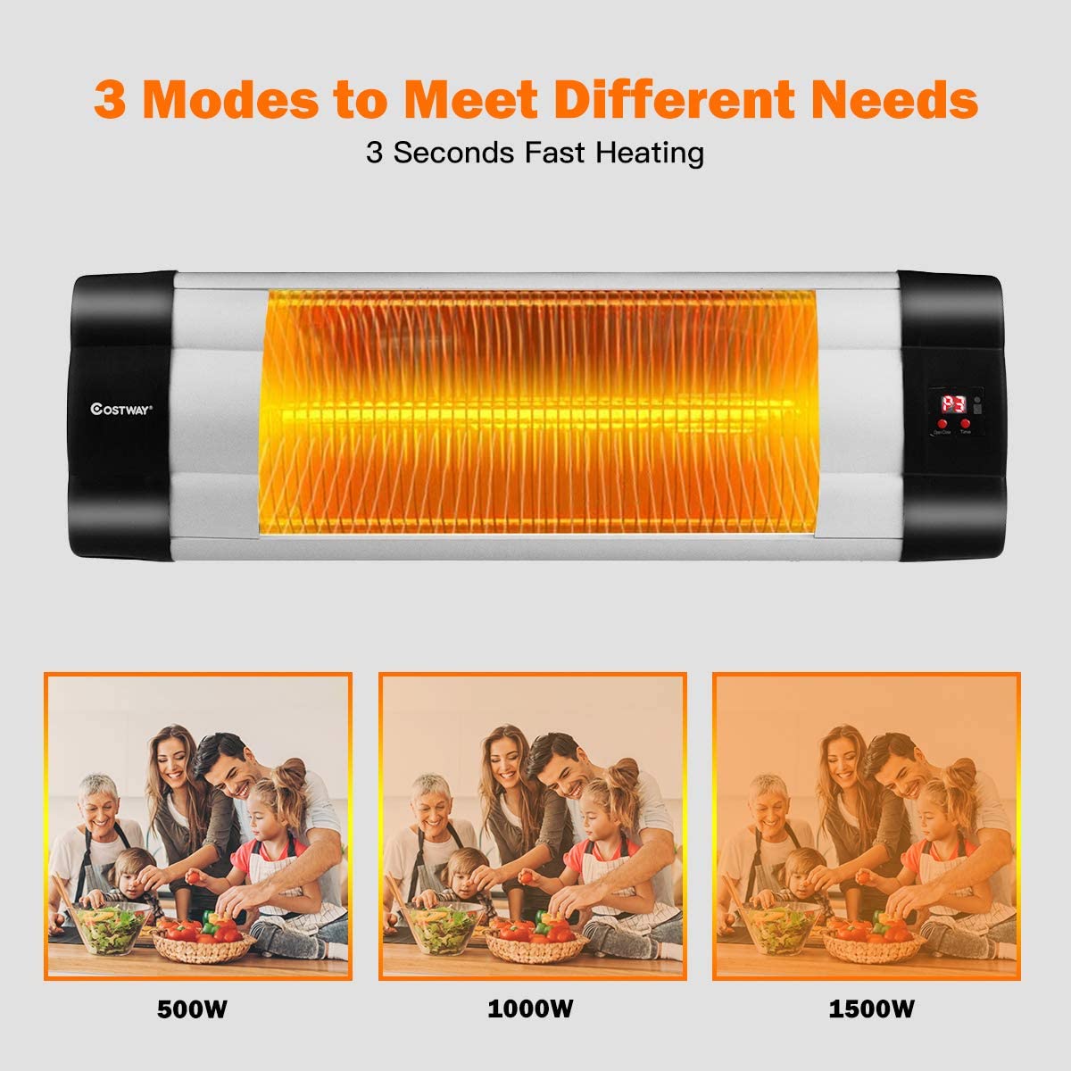 COSTWAY Outdoor Patio Heater, 1500W Electric Infrared Heater with Remote Control, 24H Timer, 3 Adjustable Modes, Quiet 3s Instant Heat, Wall-mounted Space Patio Heaters for Outdoor Use, Home, Backyard