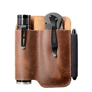 edc leather belt knife sheath organizer for 4.5" knife, fit 1.1" diameter tactical flashlight, belt tool pouch, pocket slip pouch, pen loop, edc holster essential carrier, premium leather. chestnut.