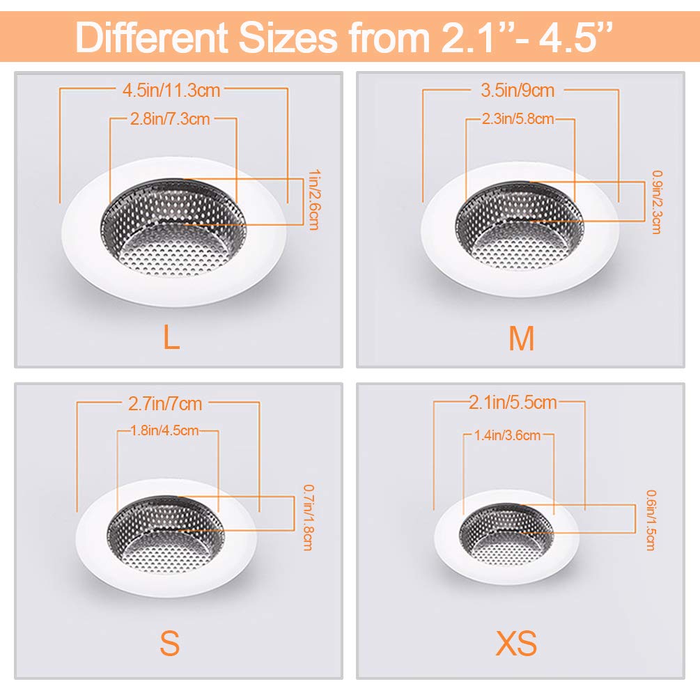 Drain Hair Catcher, 4 Pack, Shower Drain Cover for Bathtub, Kitchen Sink Strainer, Stainless Steel Bathroom Sink, Different Sizes from 2.1" to 4.5"