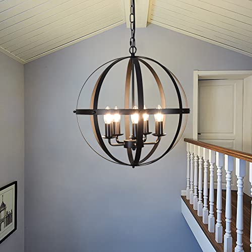 DLLT Pendant Light Metal, 5-Light Globe Pendant Lighting, Adjustable Hanging Ceiling Chandelier Light Flush Mount for Kitchen, Dining Room, Living Room, Hallway, Bedroom, Entryway, E12-Matte Black