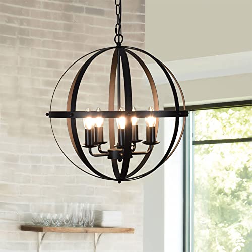 DLLT Pendant Light Metal, 5-Light Globe Pendant Lighting, Adjustable Hanging Ceiling Chandelier Light Flush Mount for Kitchen, Dining Room, Living Room, Hallway, Bedroom, Entryway, E12-Matte Black