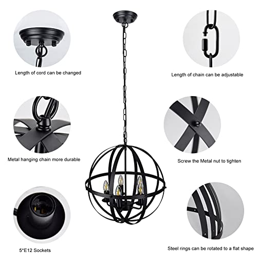 DLLT Pendant Light Metal, 5-Light Globe Pendant Lighting, Adjustable Hanging Ceiling Chandelier Light Flush Mount for Kitchen, Dining Room, Living Room, Hallway, Bedroom, Entryway, E12-Matte Black