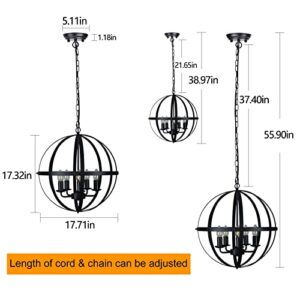 DLLT Pendant Light Metal, 5-Light Globe Pendant Lighting, Adjustable Hanging Ceiling Chandelier Light Flush Mount for Kitchen, Dining Room, Living Room, Hallway, Bedroom, Entryway, E12-Matte Black