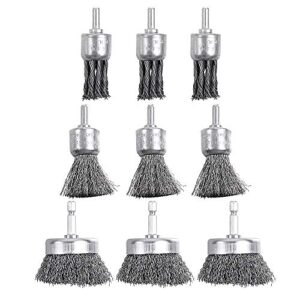 mixiflor 9 pack wire wheels brush for drill, 1 inch knotted and plated crimped drill wire brush, wire brush drill attachments for derusting, paint removal