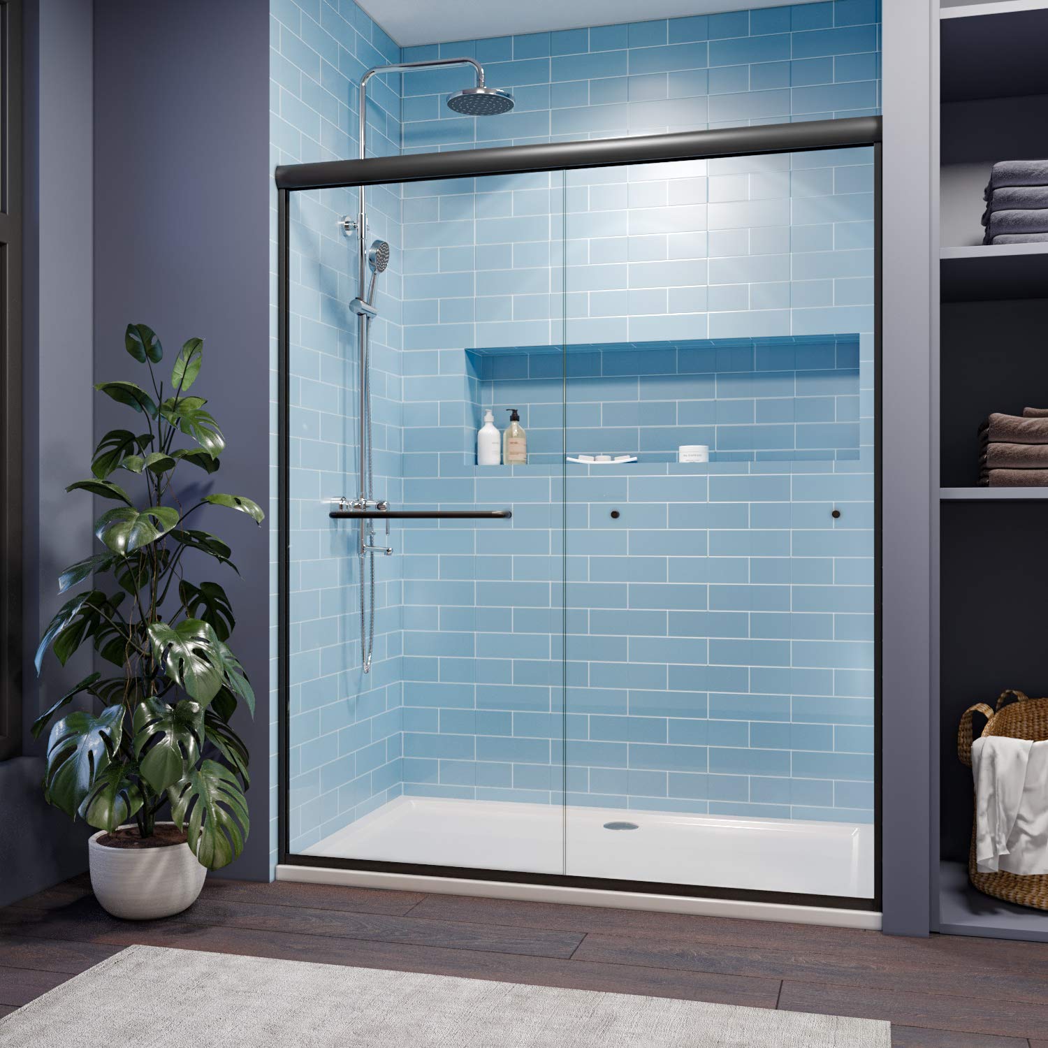 SUNNY SHOWER Semi-Frameless Shower Doors with 1/4 in. Clear Glass, 58.5 in.- 60 in. W x 72 in. H, Black Hardware Double Sliding Glass Shower Enclosure