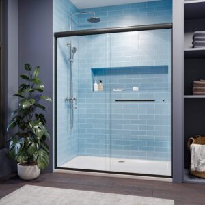 SUNNY SHOWER Semi-Frameless Shower Doors with 1/4 in. Clear Glass, 58.5 in.- 60 in. W x 72 in. H, Black Hardware Double Sliding Glass Shower Enclosure