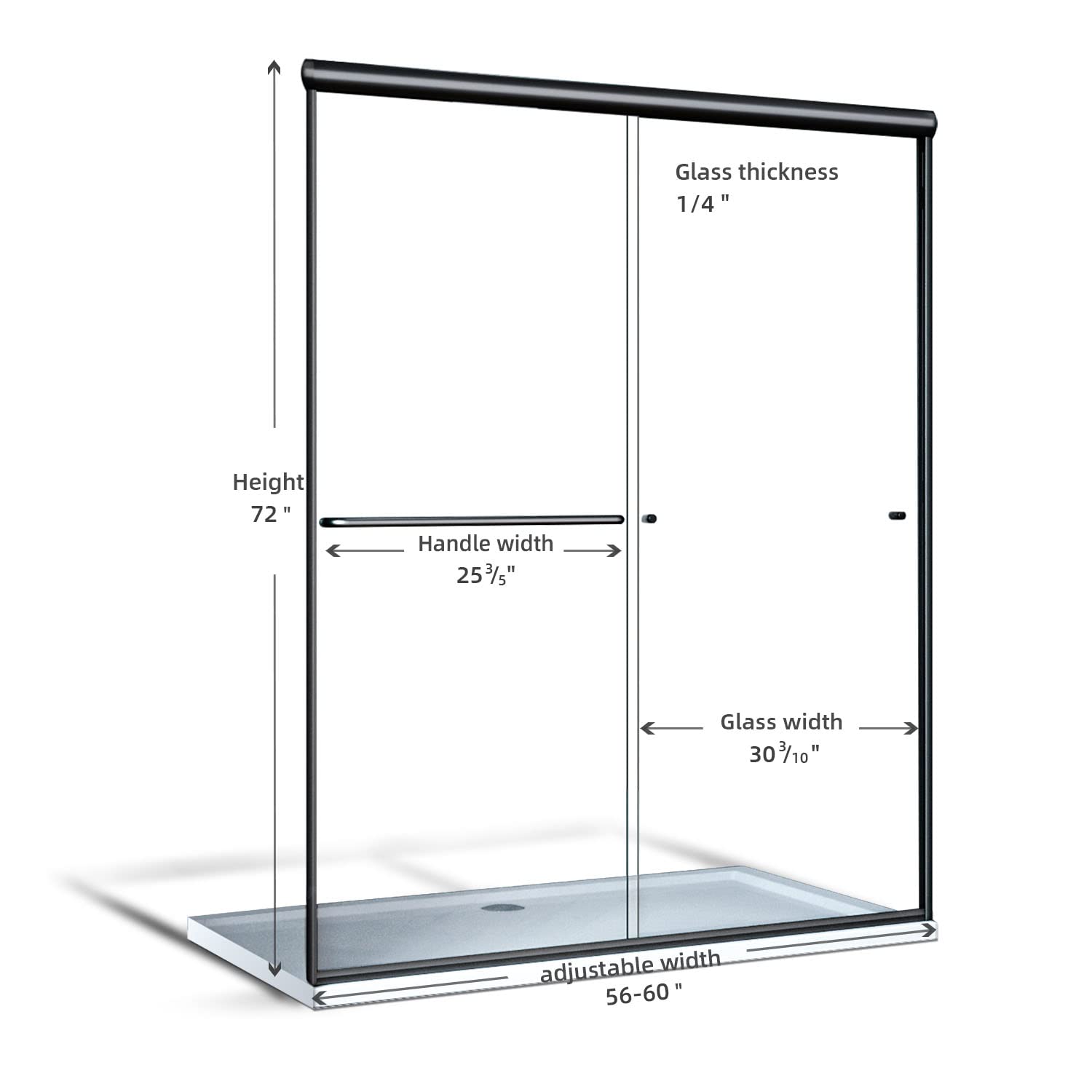 SUNNY SHOWER Semi-Frameless Shower Doors with 1/4 in. Clear Glass, 58.5 in.- 60 in. W x 72 in. H, Black Hardware Double Sliding Glass Shower Enclosure