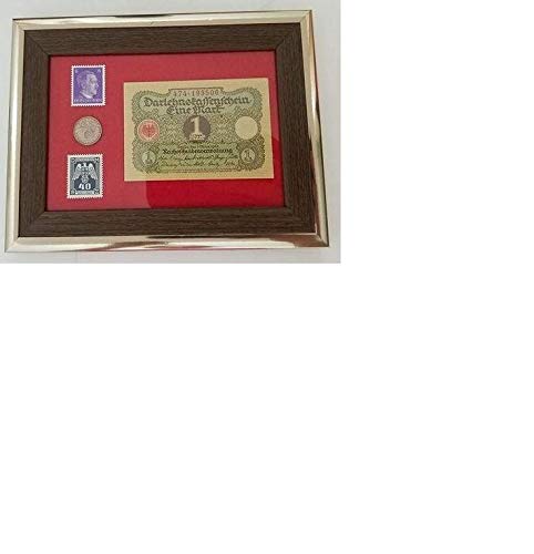 1939 Various Mint Marks WW2 Rare German 1 Rp Coin with Stamps & 1 Mark Bill in Disp Frame 1pf Seller Perfect Uncirculated