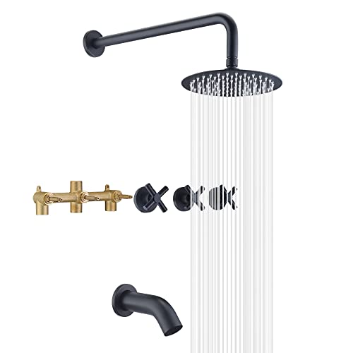 3 Handle Tub Shower Faucet,Matte Black Bathtub Faucet Set with Waterfall Tub Spout,Tub and Shower Trim Kit with Valve,SUMERAIN