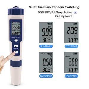 5 in 1 Portable Digital PH/Salinity/Temp/TDS/EC Meter, IP67 Portable Multifunctional Water Quality Detector for Drinking Water Aquariums