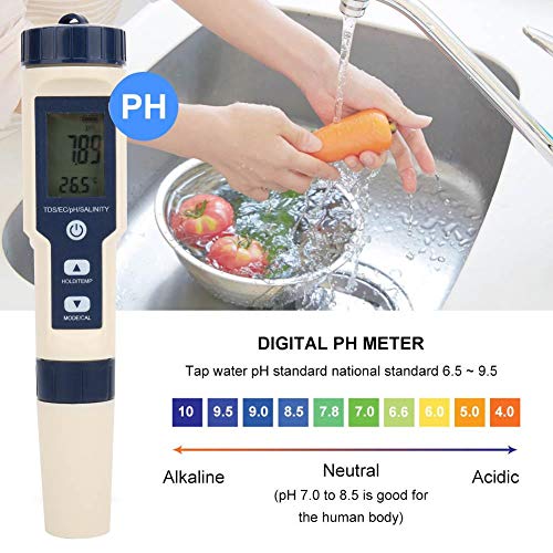 5 in 1 Portable Digital PH/Salinity/Temp/TDS/EC Meter, IP67 Portable Multifunctional Water Quality Detector for Drinking Water Aquariums