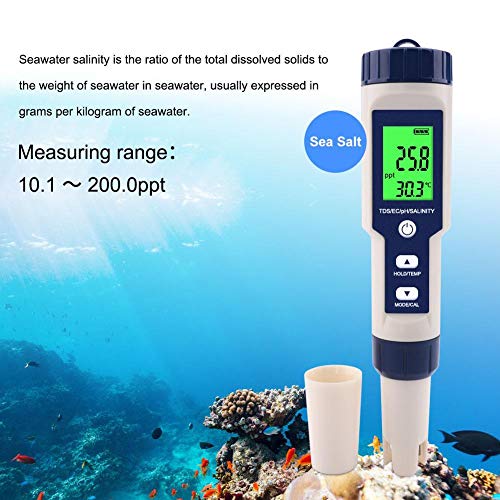 Water Quality Tester, EZ-9909 5 in 1 Function Water Quality Testing Meter PH Salinity TDS EC Tester with Backlight for Aquaculture, Drinking Water, Swimming Pool