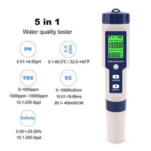 Water Quality Tester, EZ-9909 5 in 1 Function Water Quality Testing Meter PH Salinity TDS EC Tester with Backlight for Aquaculture, Drinking Water, Swimming Pool