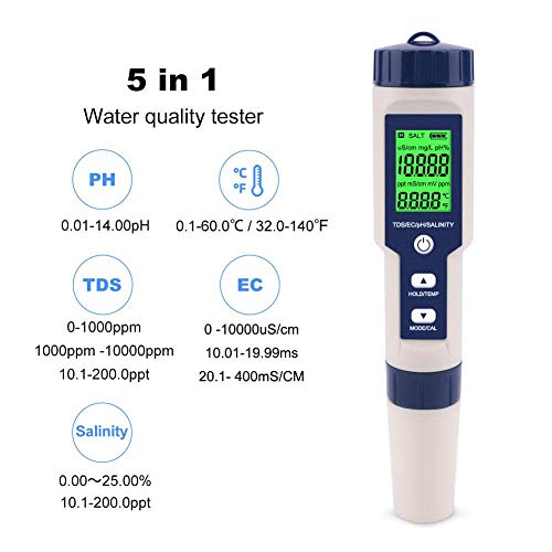 Water Quality Tester, EZ-9909 5 in 1 Function Water Quality Testing Meter PH Salinity TDS EC Tester with Backlight for Aquaculture, Drinking Water, Swimming Pool